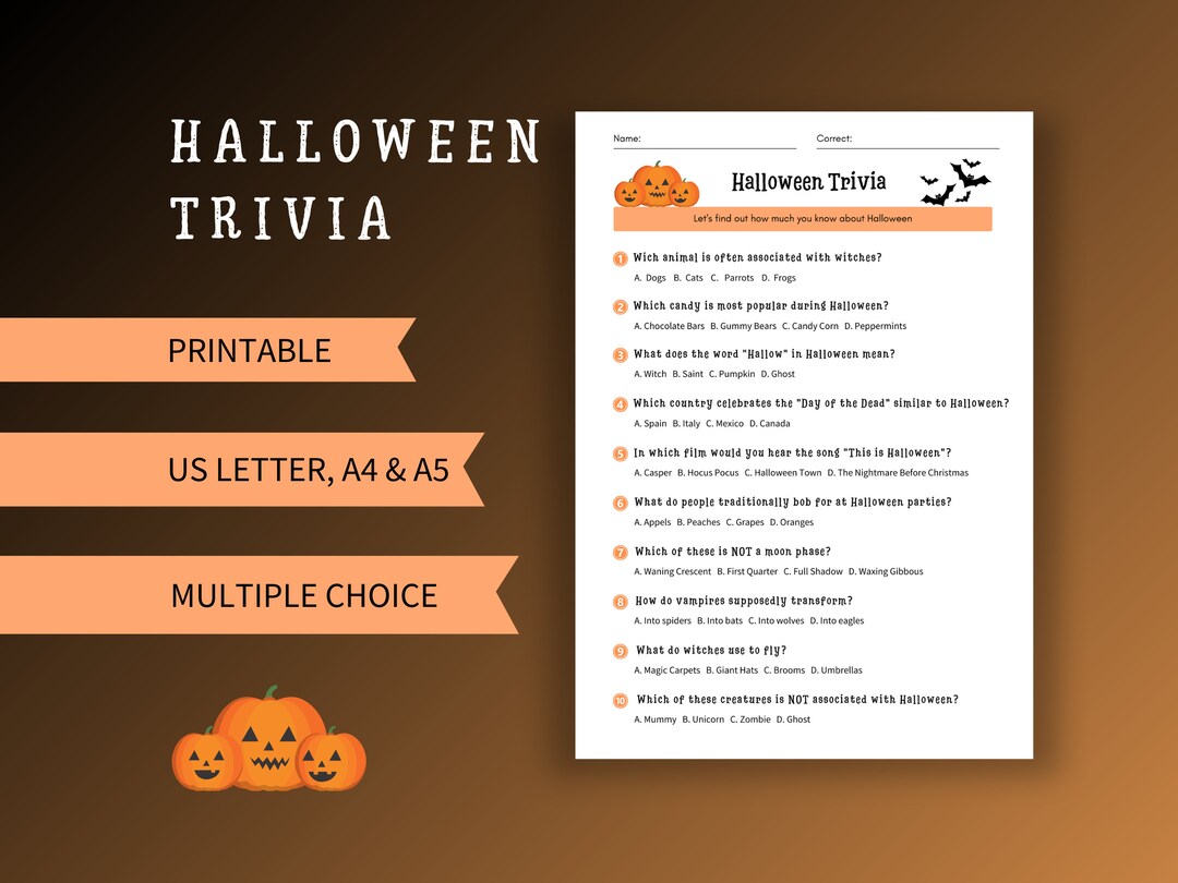 Printable Halloween Trivia: Halloween Quiz 10 Multiple Choice Questions ...