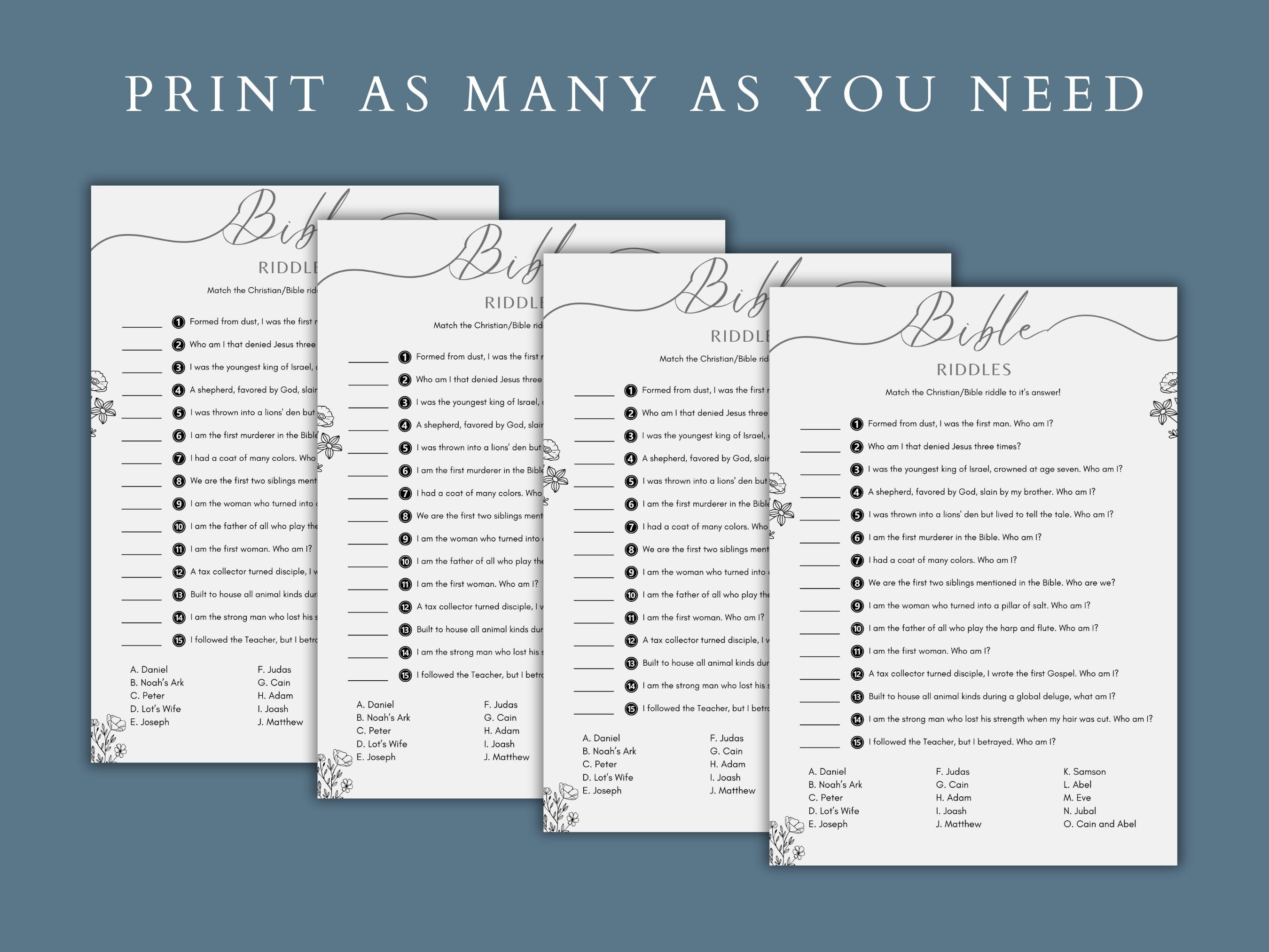 Bible Riddles Printable Game, Christian Trivia Icebreaker for Adults ...