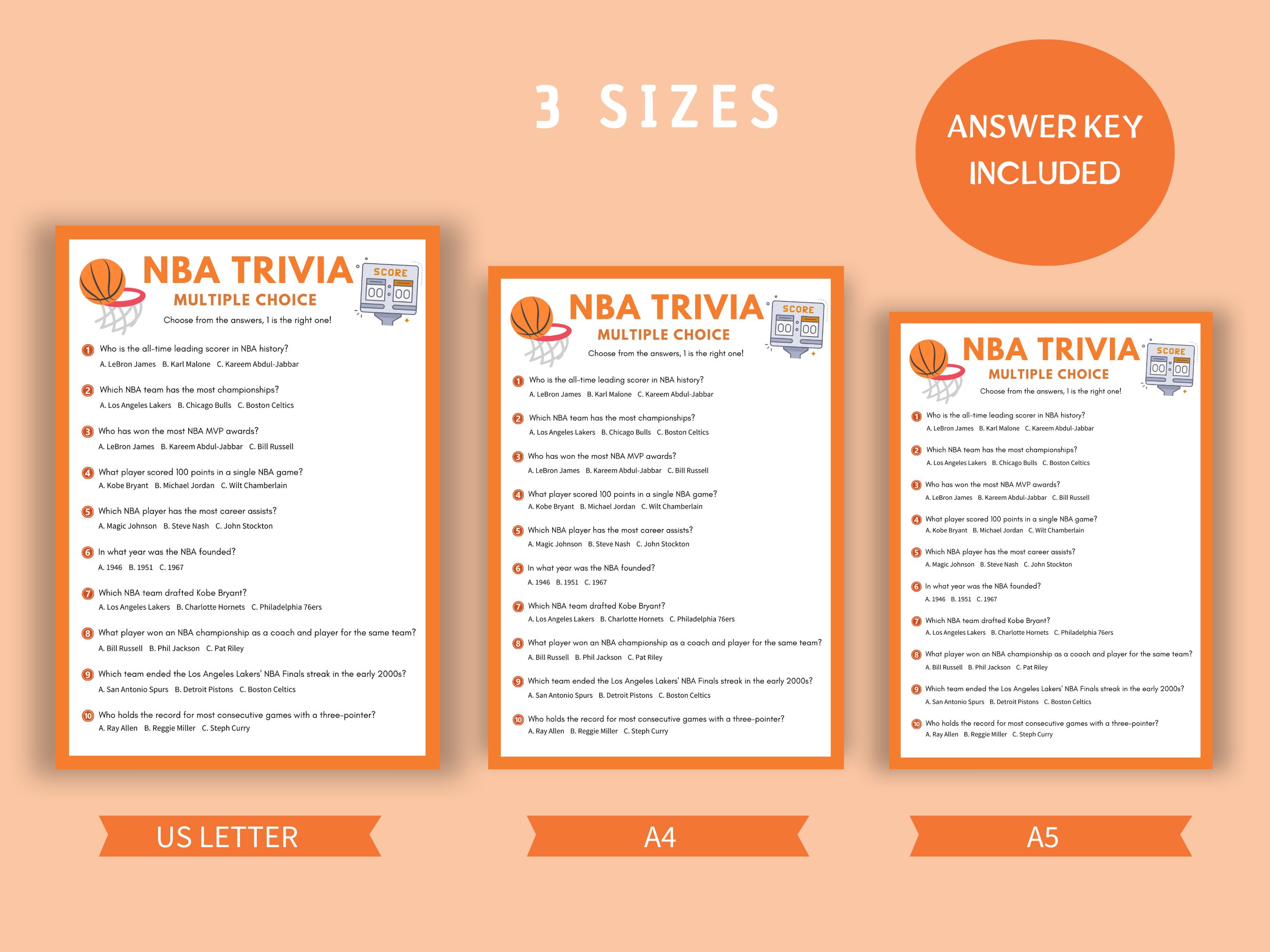 Basketball Trivia of 10 Questions | Printable Family Game | Digital ...