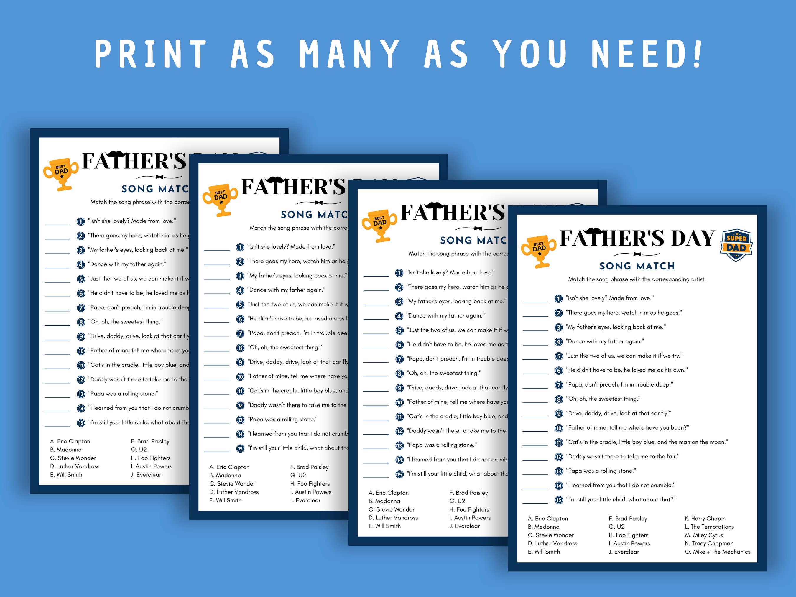 Father's Day Song Match Game Printable, Dad Music Trivia Quiz, Family ...