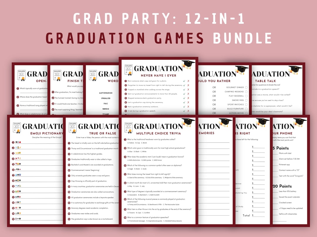 Graduation 12-in-1 Game Bundle, Printable Games Pack, Family Game Night ...