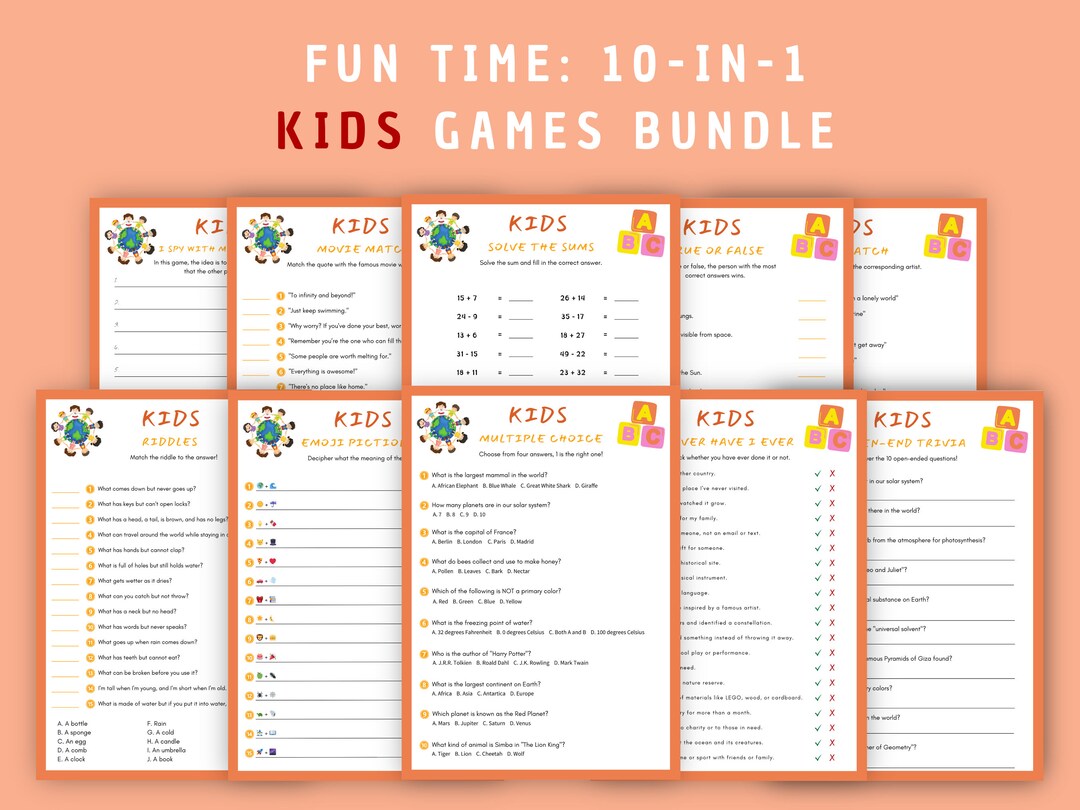 Kids 10-in-1 Games Bundle, Printable Family Games, Educational Activity ...