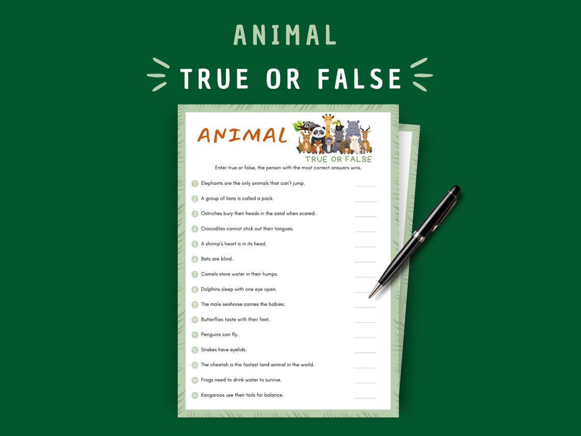 Animal True or False Game: Printable Family Trivia (instant Download ...
