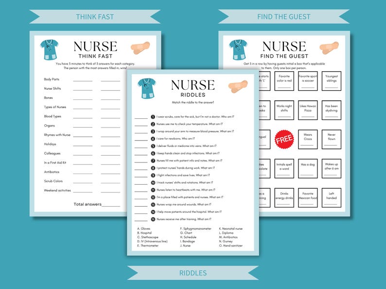 Nurse Games Bundle Printable: 15 Nursing Party Trivia & Quiz Games (PDF ...