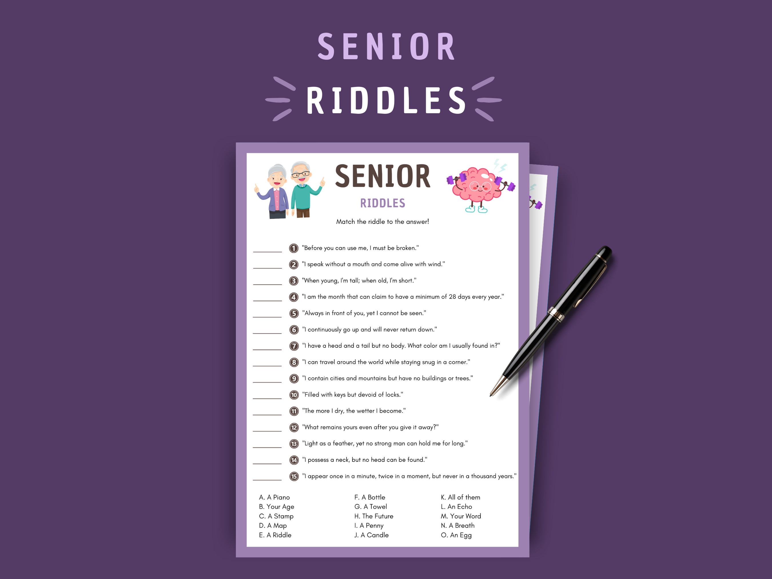 Senior Riddles Game for Elderly Instant Download Printable Brain ...