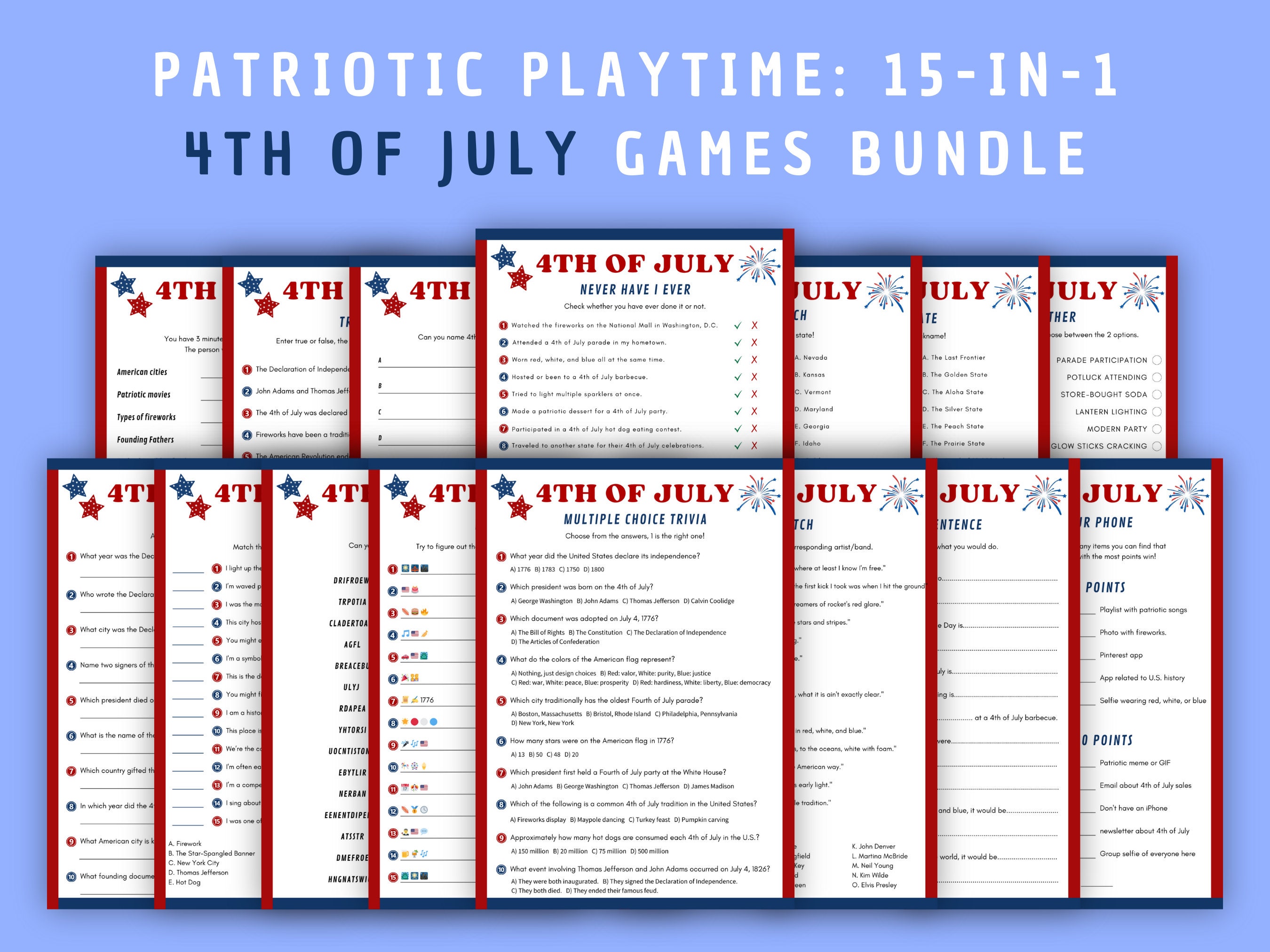 4th of July Game Bundle Instant Download Printable Family Games ...