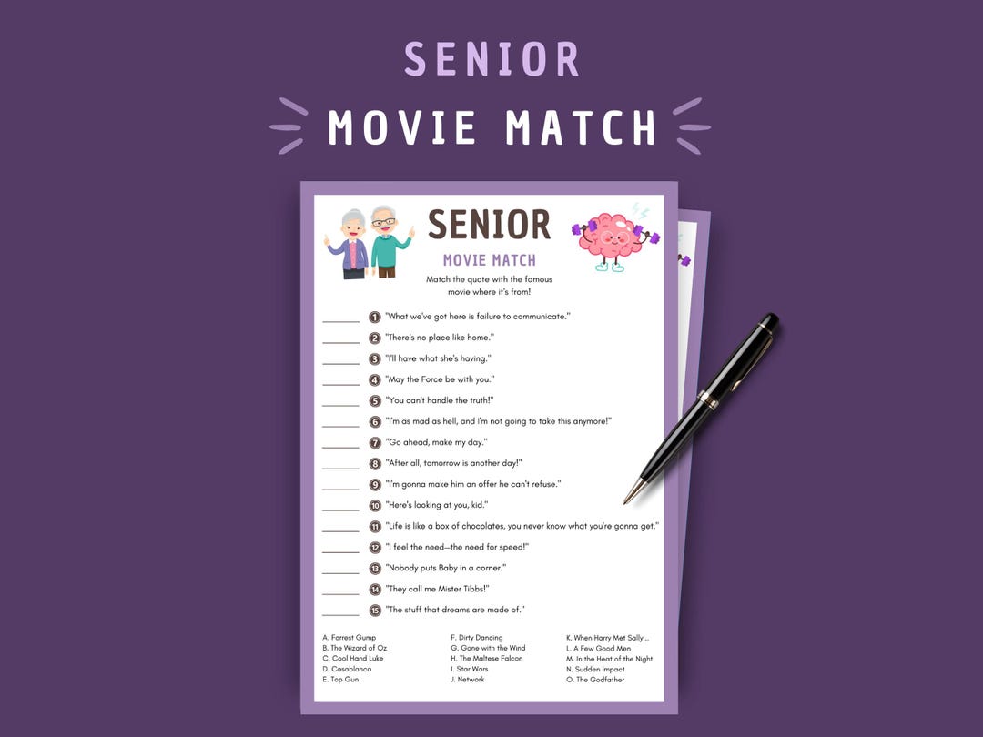 Senior Movie Match Game, Instant Download, Fun Printable Senior Game ...