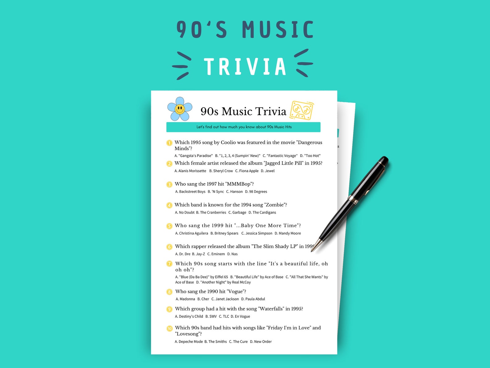 90s Music Trivia Game Digital Download Printable Multiple Choice Quiz ...