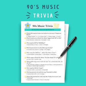 90s Music Trivia Game Digital Download Printable Multiple Choice Quiz ...
