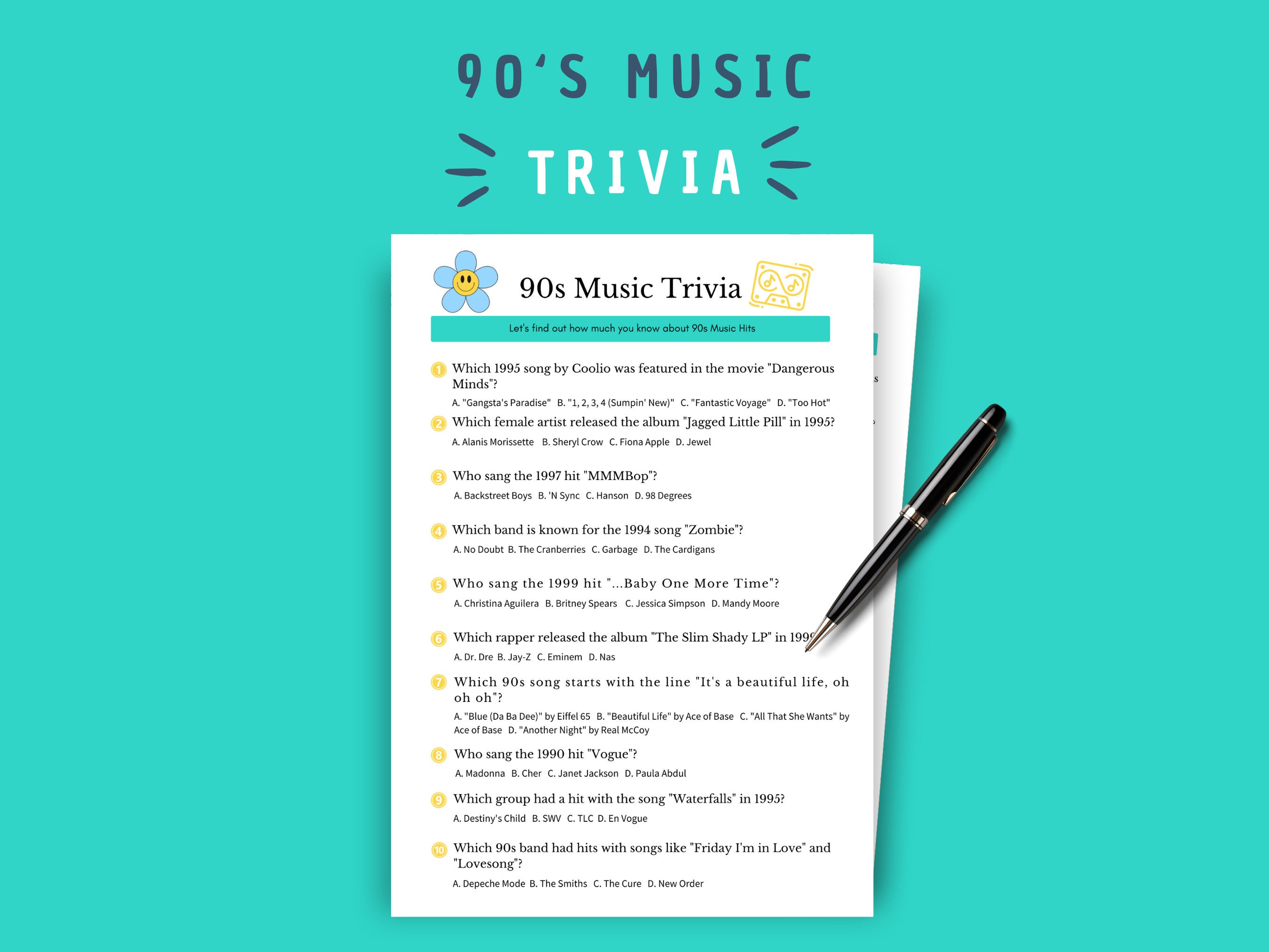 90s Music Trivia Game Digital Download Printable Multiple Choice Quiz ...
