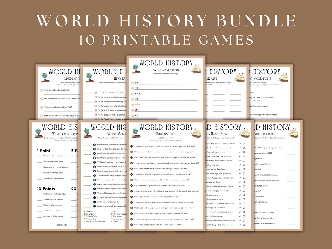 10 Printable World History Games Bundle, Educational Trivia and ...