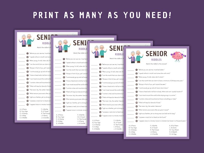 Printable Senior Games Bundle, Trivia, Song Match, Riddles (digital ...
