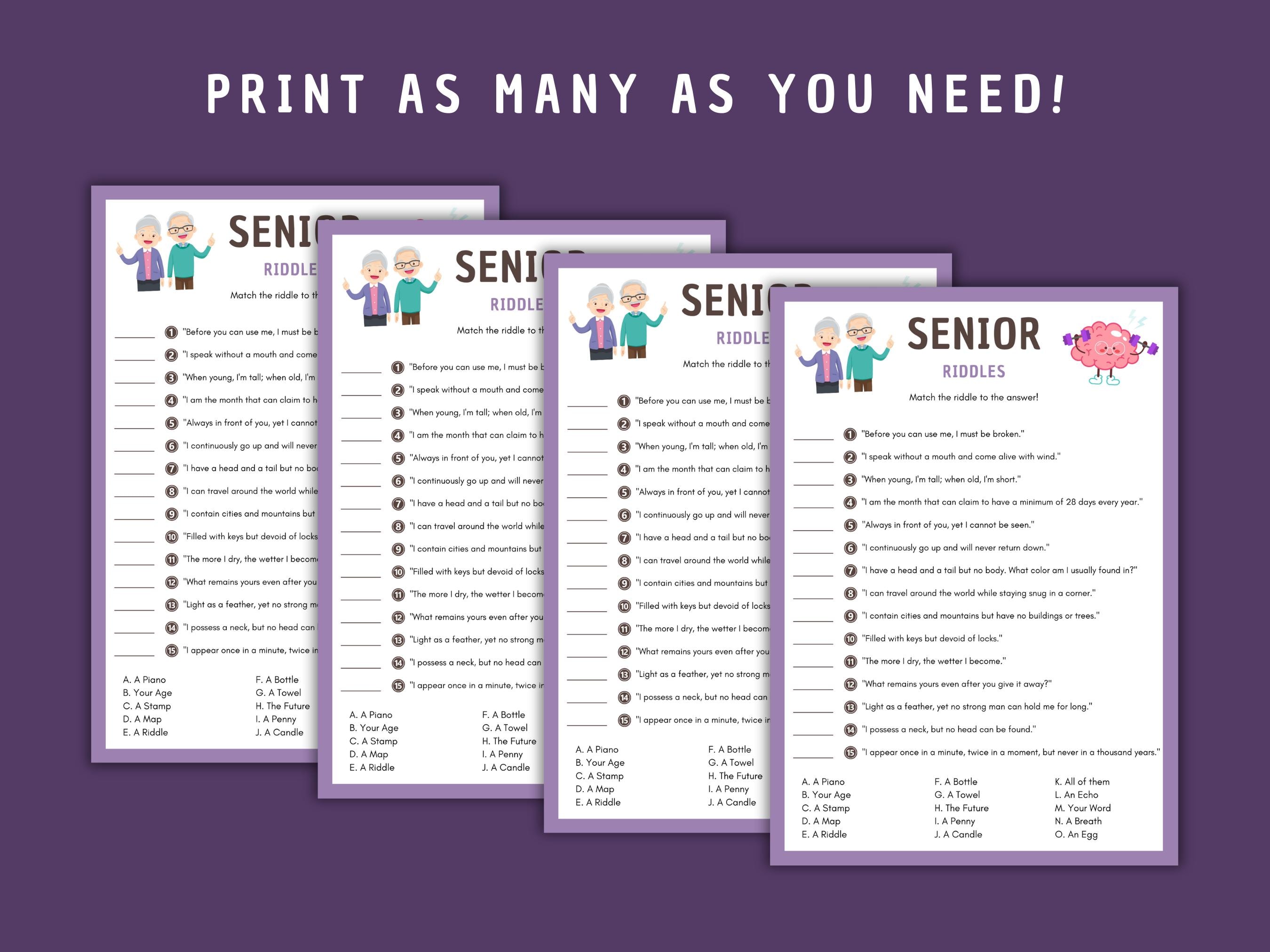 Printable Senior Games Bundle, Trivia, Song Match, Riddles (digital ...