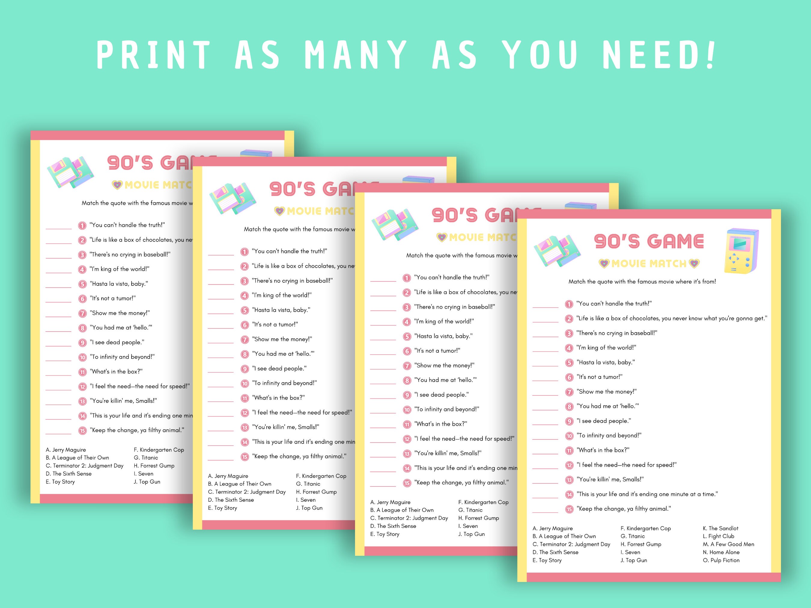 90s Movie Match Game | Instant Download | Printable 90s Trivia | Retro ...