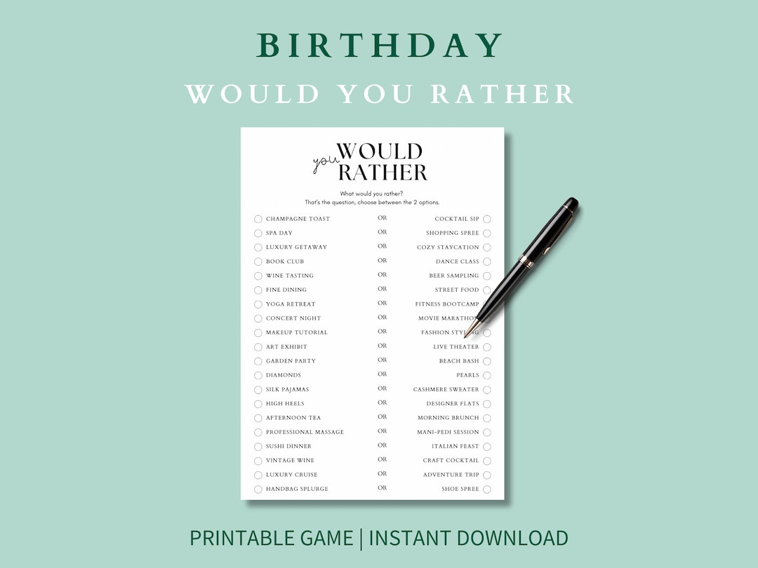 Would You Rather Birthday Game | Printable Party Game | Family Trivia ...