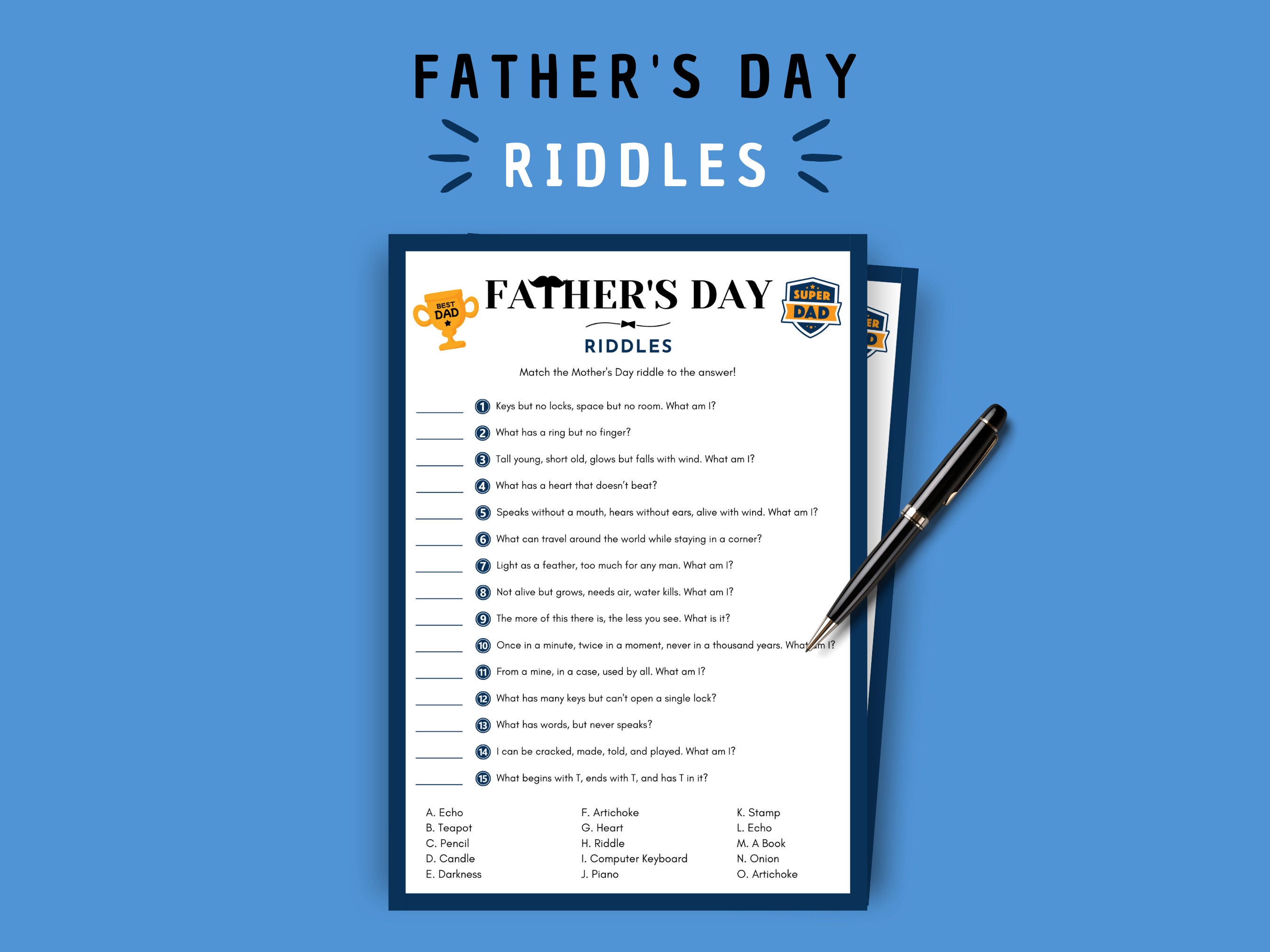 Father's Day Riddles Game Instant Download Printable Family Trivia Fun ...