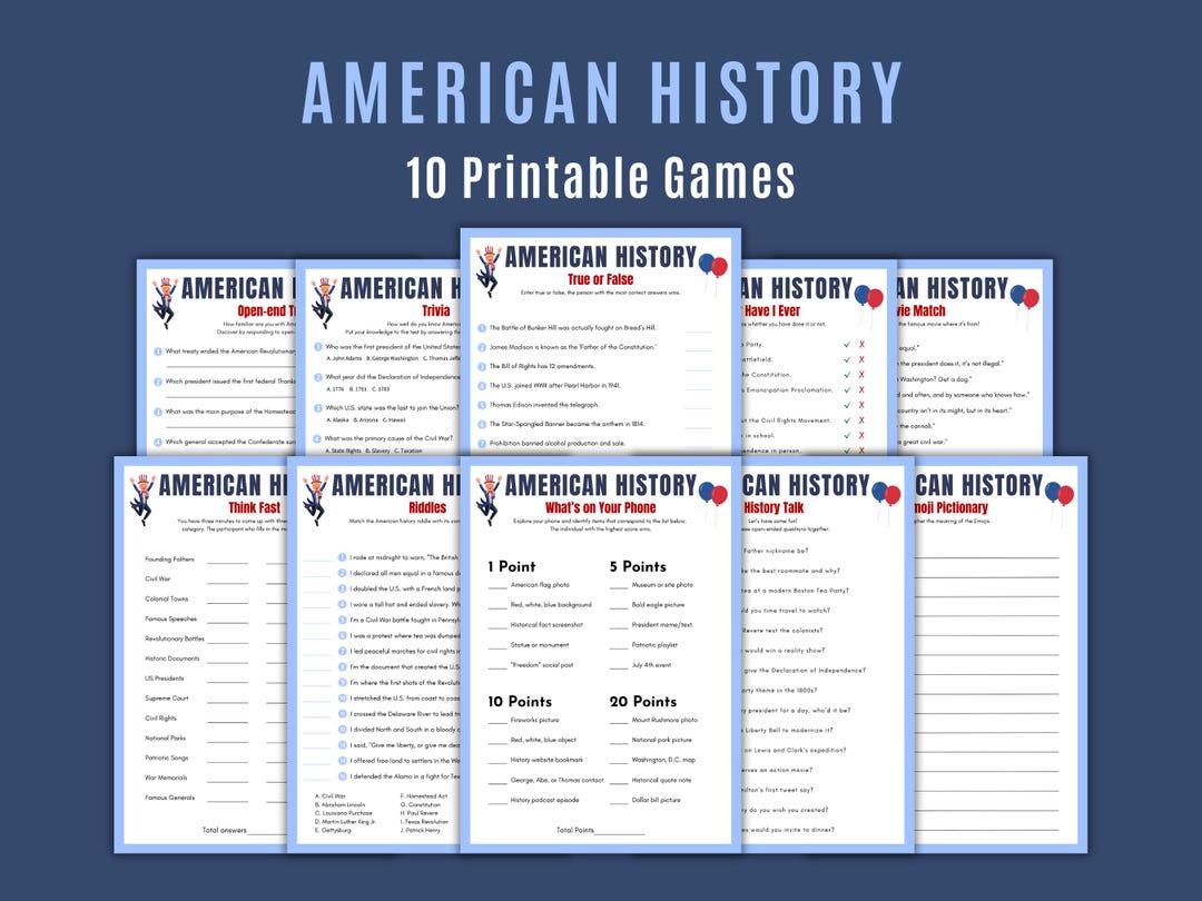 Printable American History 10 Games Bundle, Family Trivia and Party ...