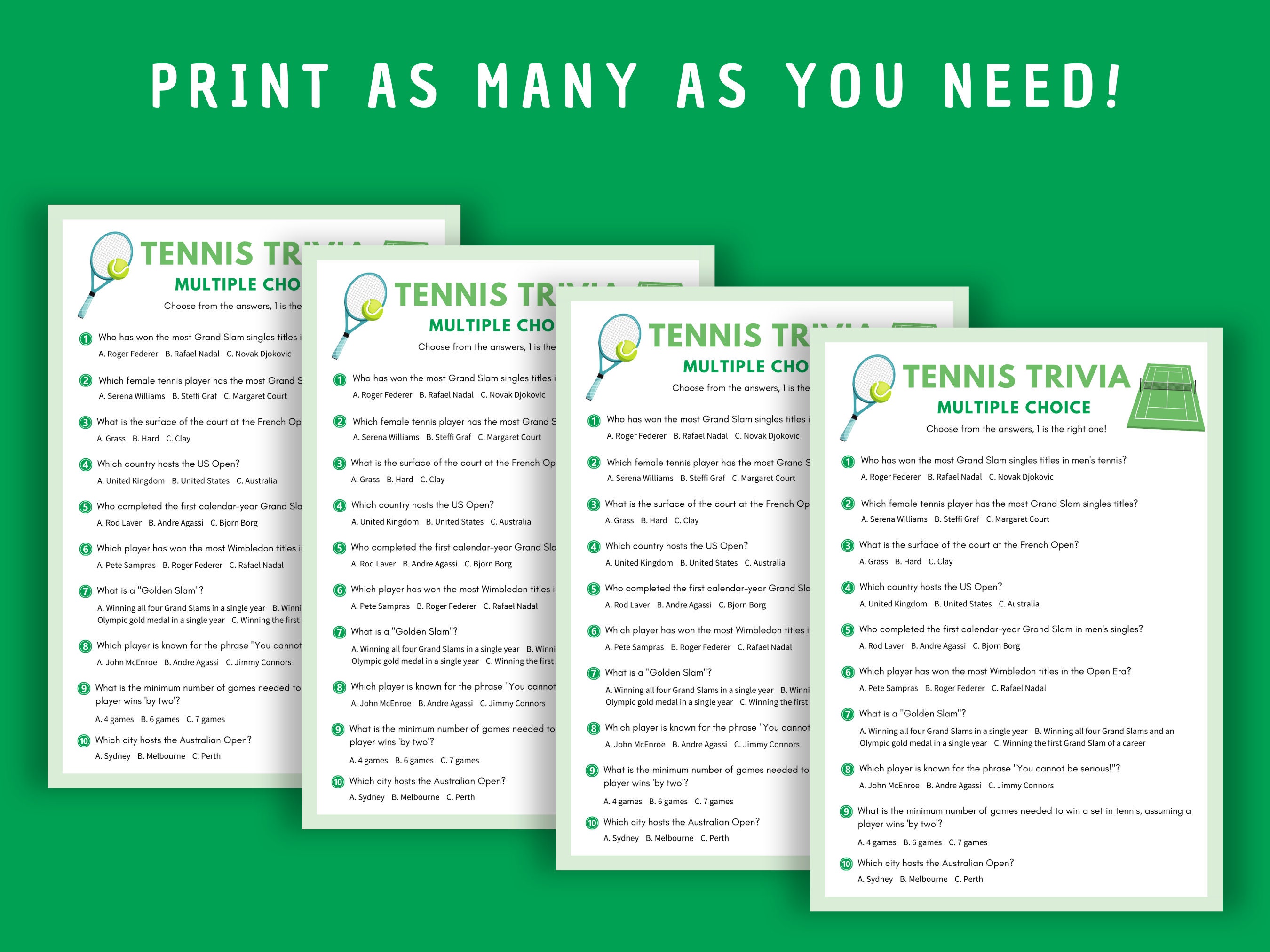 Tennis Trivia Game: Printable Multiple Choice Quiz (instant Download ...