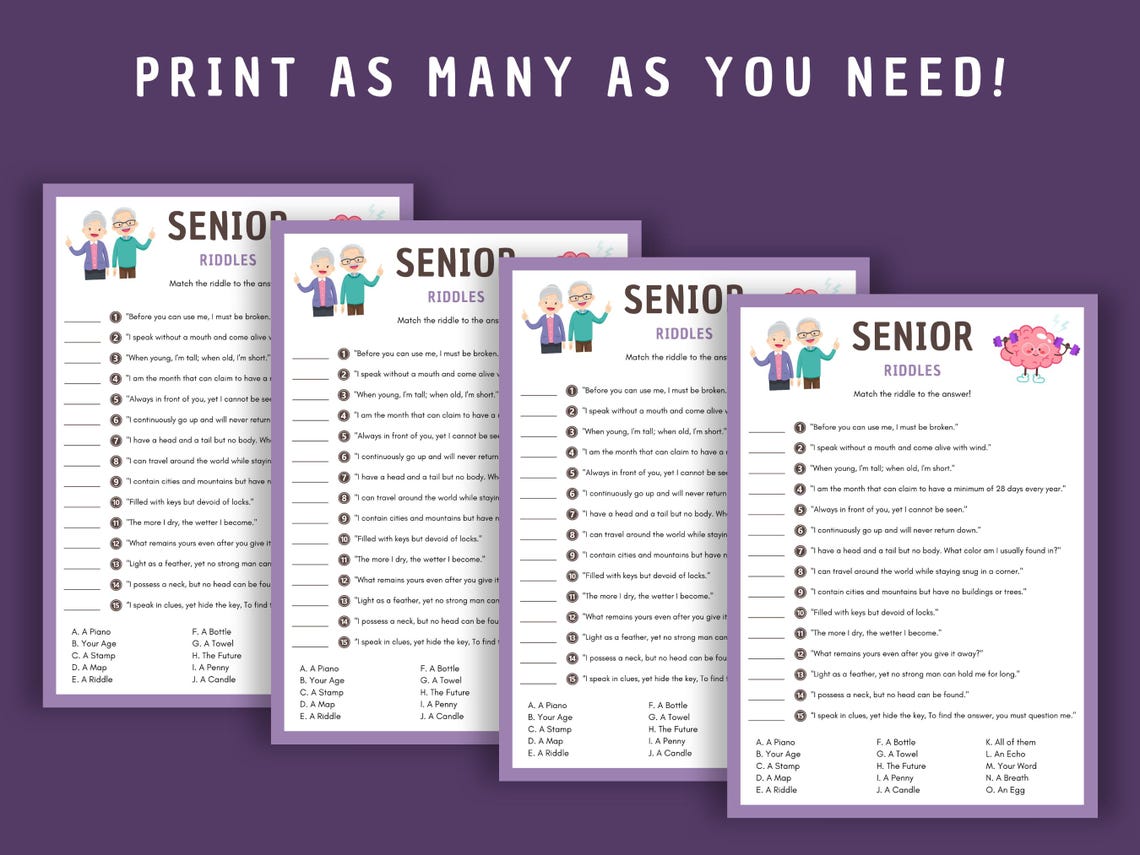Senior Riddles Game: Printable Brain Teasers for Elderly (instant ...