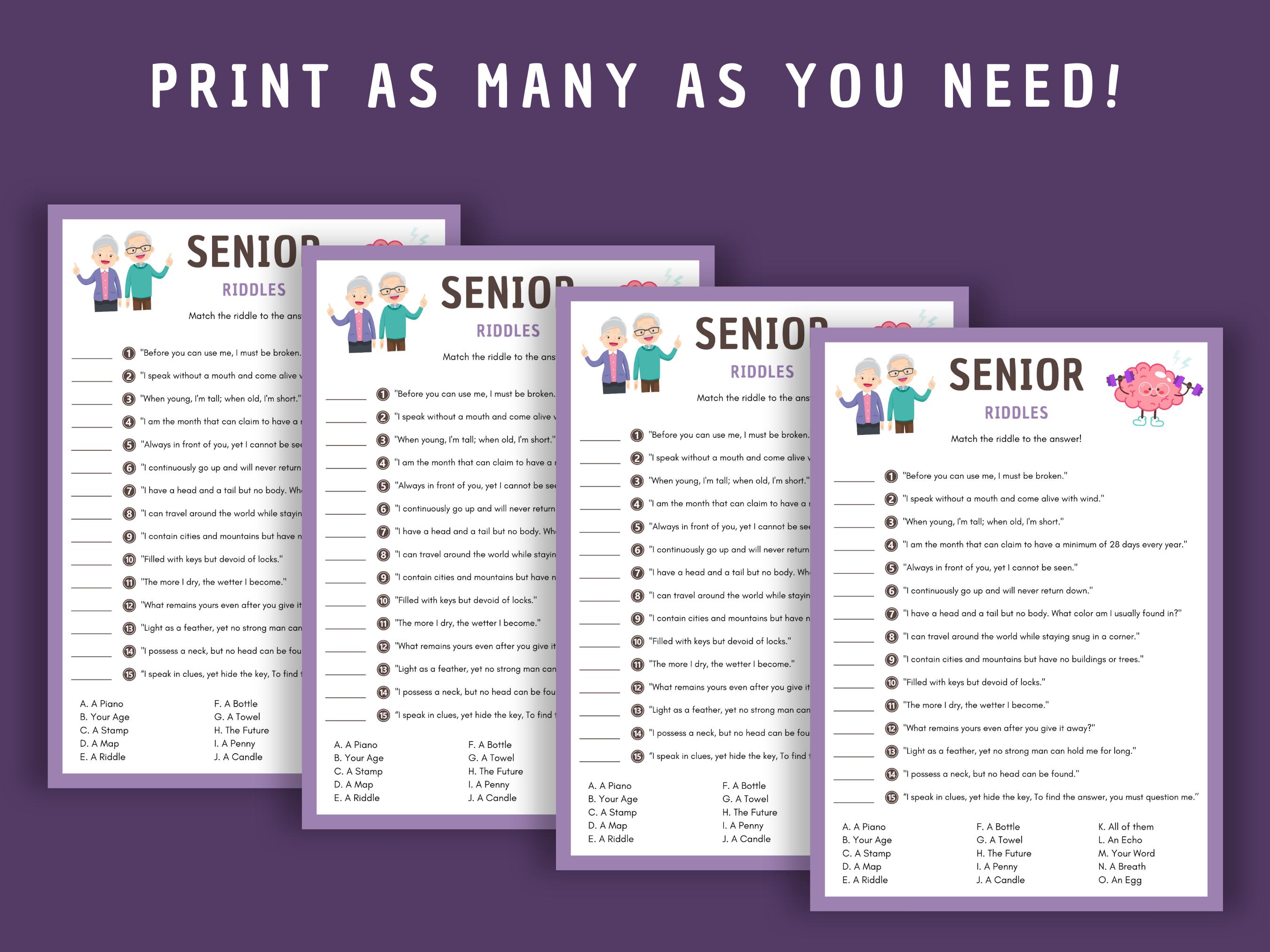 Senior Riddles Game: Printable Brain Teasers for Elderly (instant ...