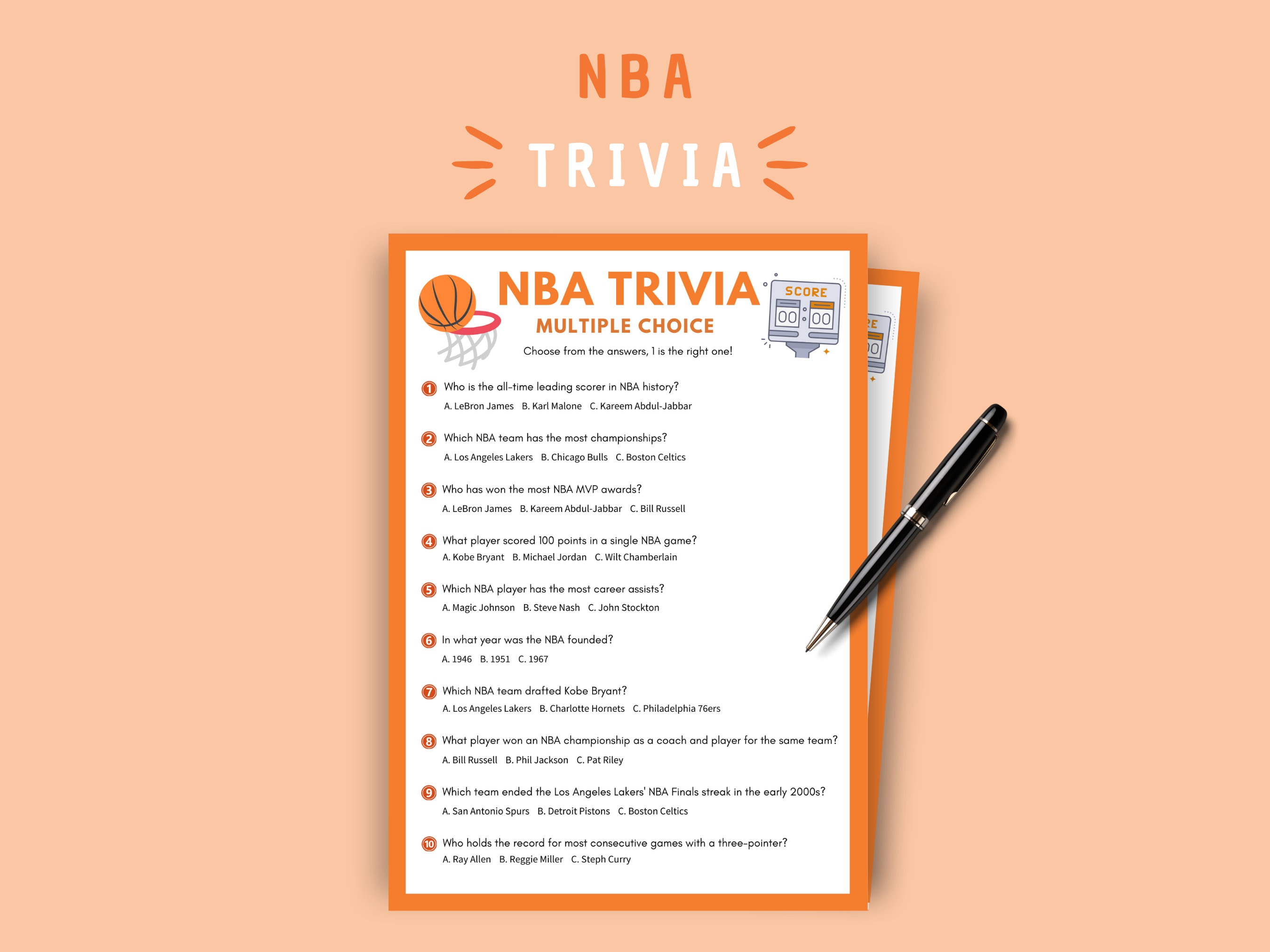 Basketball Trivia of 10 Questions | Printable Family Game | Digital ...