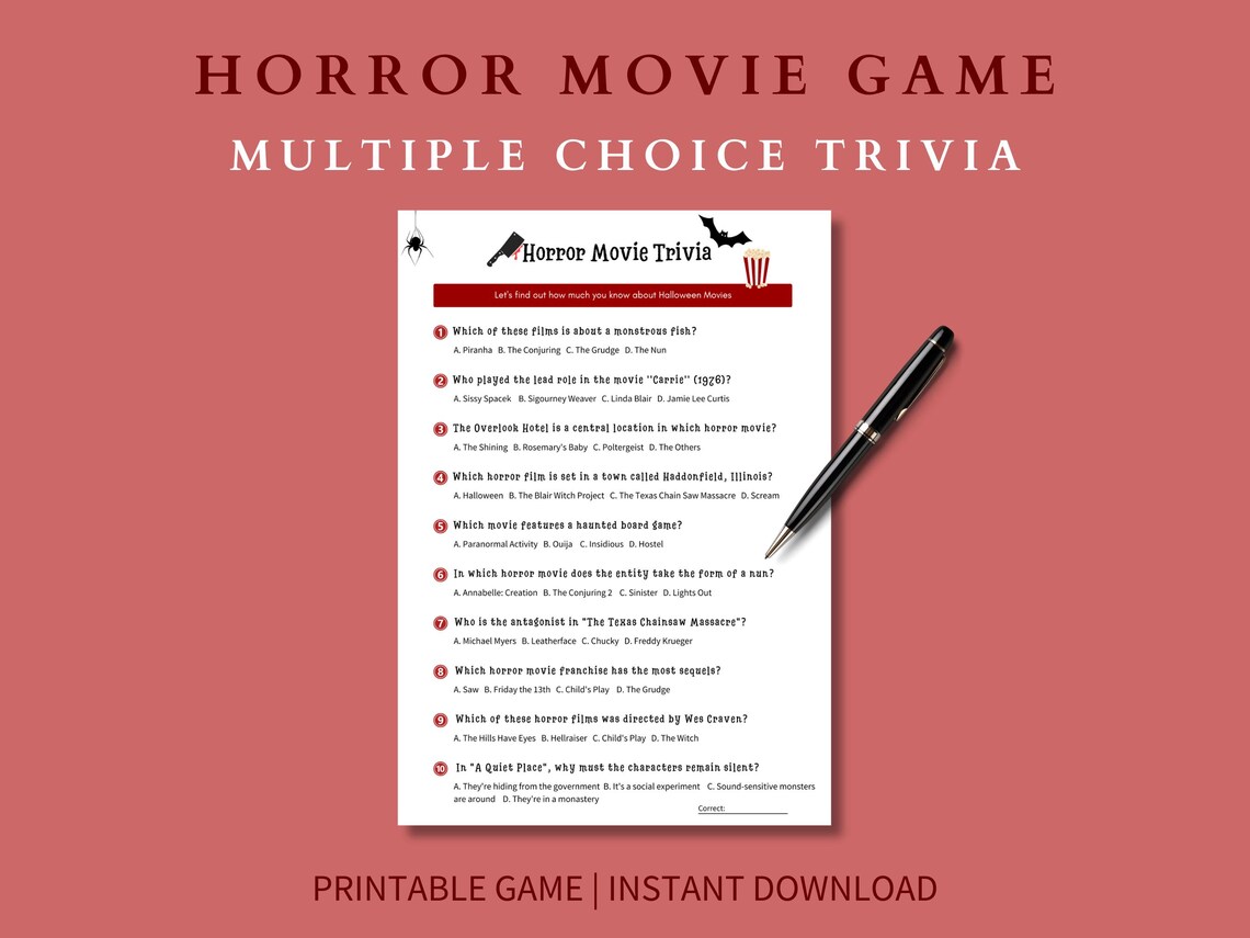 Horror Movie Trivia Game | Printable Horror Quiz | Movie Night Trivia ...