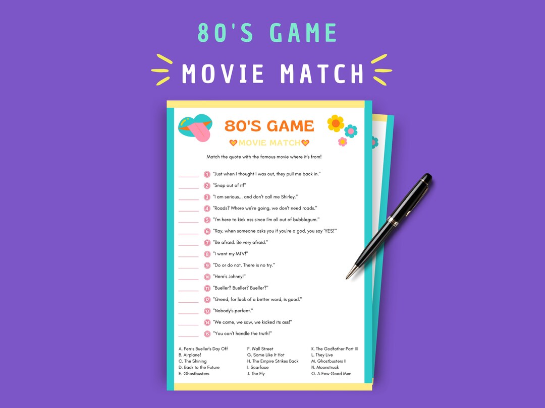 80s Movie Match Game | Instant Download | Retro Printable Family Game ...