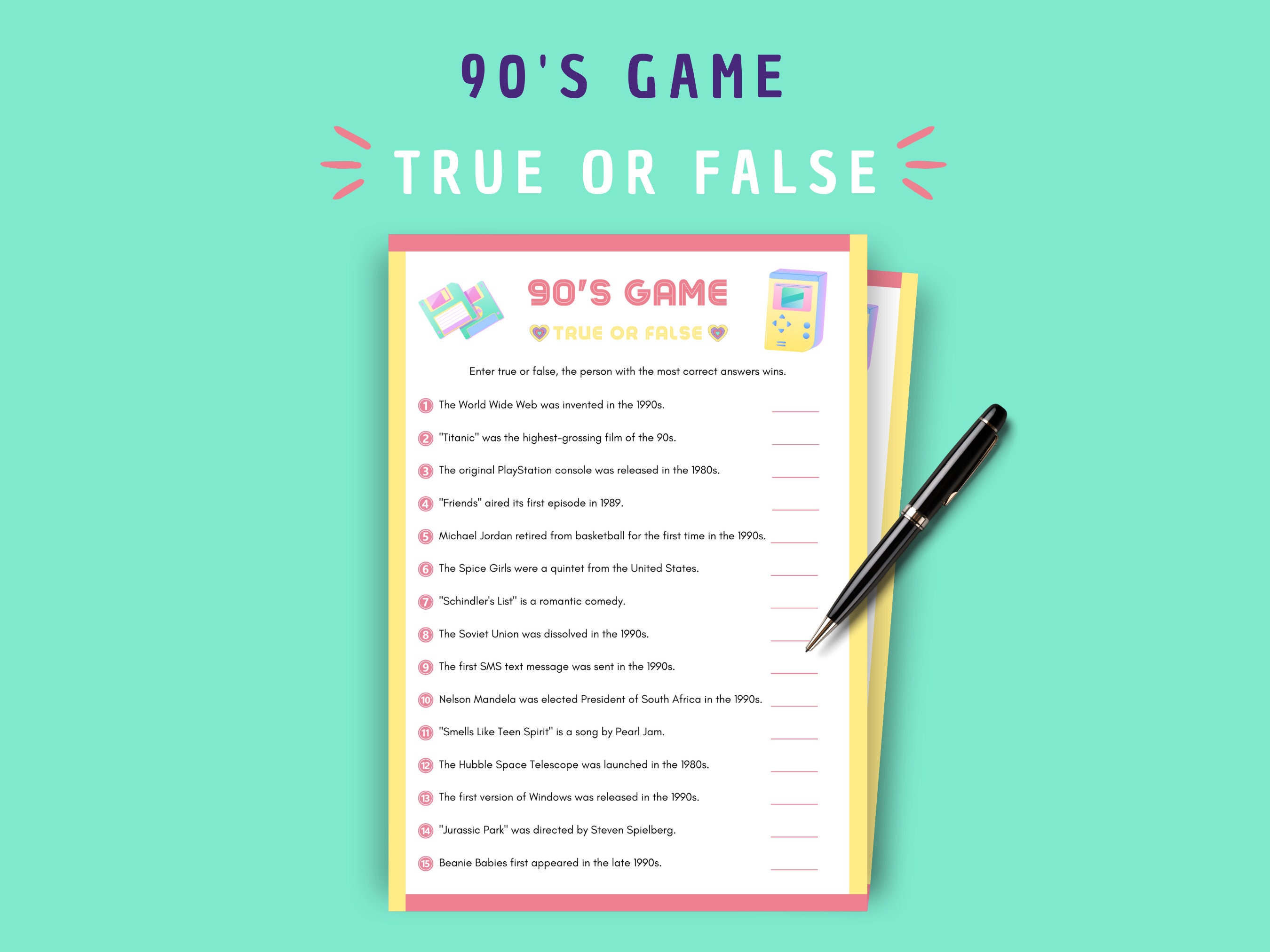 90s True or False Game Instant Download Printable Trivia Retro 90s ...