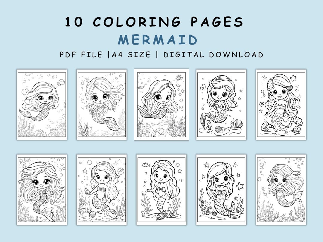 10 Mermaid Coloring Pages Bundle, Digital Download, Coloring Sheets for ...