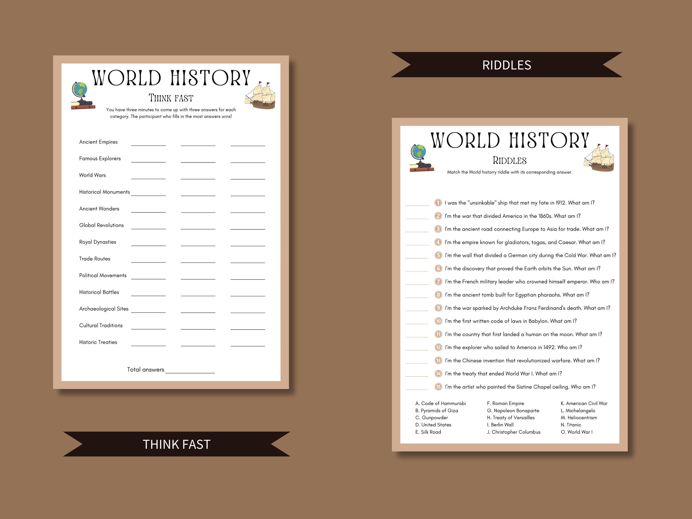 10 Printable World History Games Bundle, Educational Trivia and ...
