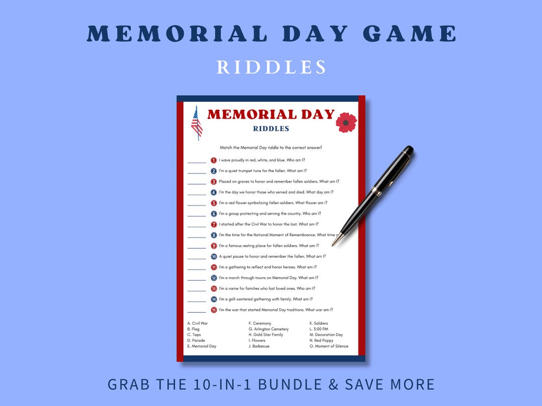 Memorial Day Riddles Game Printable, Patriotic Icebreaker for Adults ...
