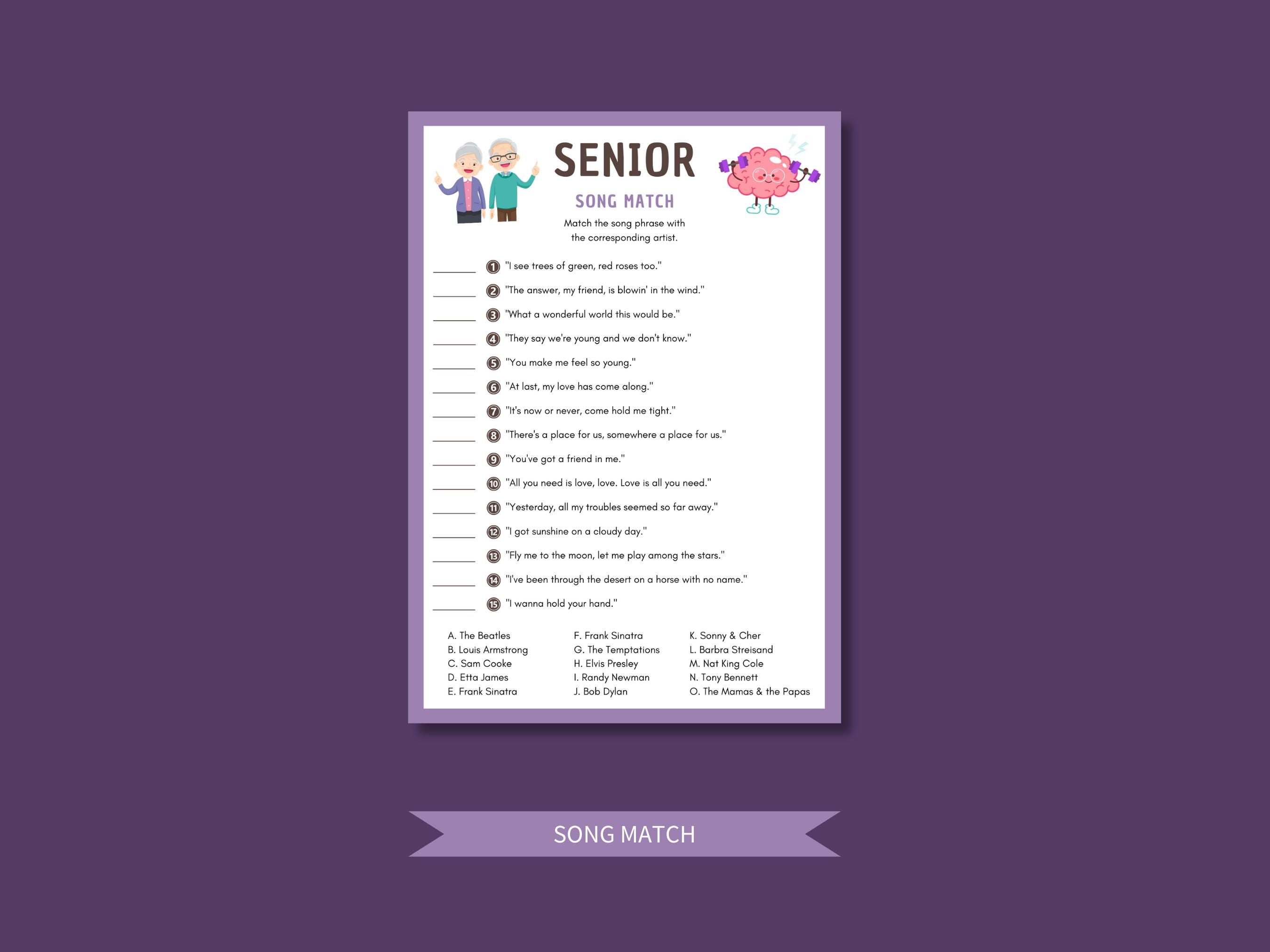 Printable Senior Games Bundle, Trivia, Song Match, Riddles (digital ...
