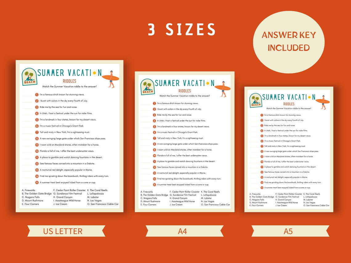Summer Vacation Riddles Instant Download Printable Family Game Trivia ...
