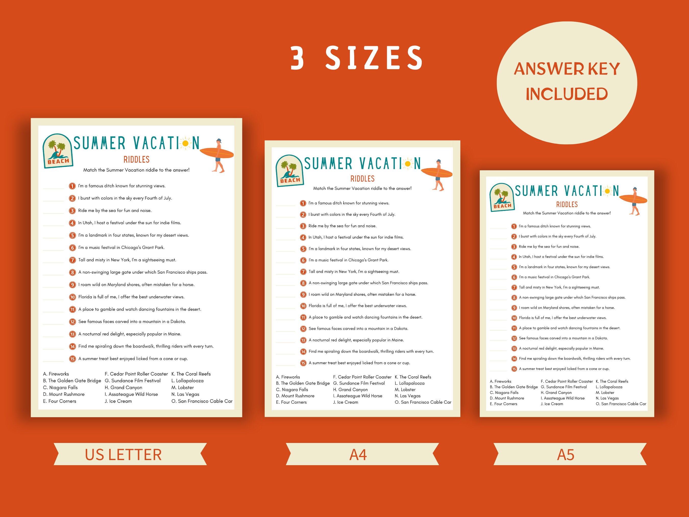 Summer Vacation Riddles Instant Download Printable Family Game Trivia ...