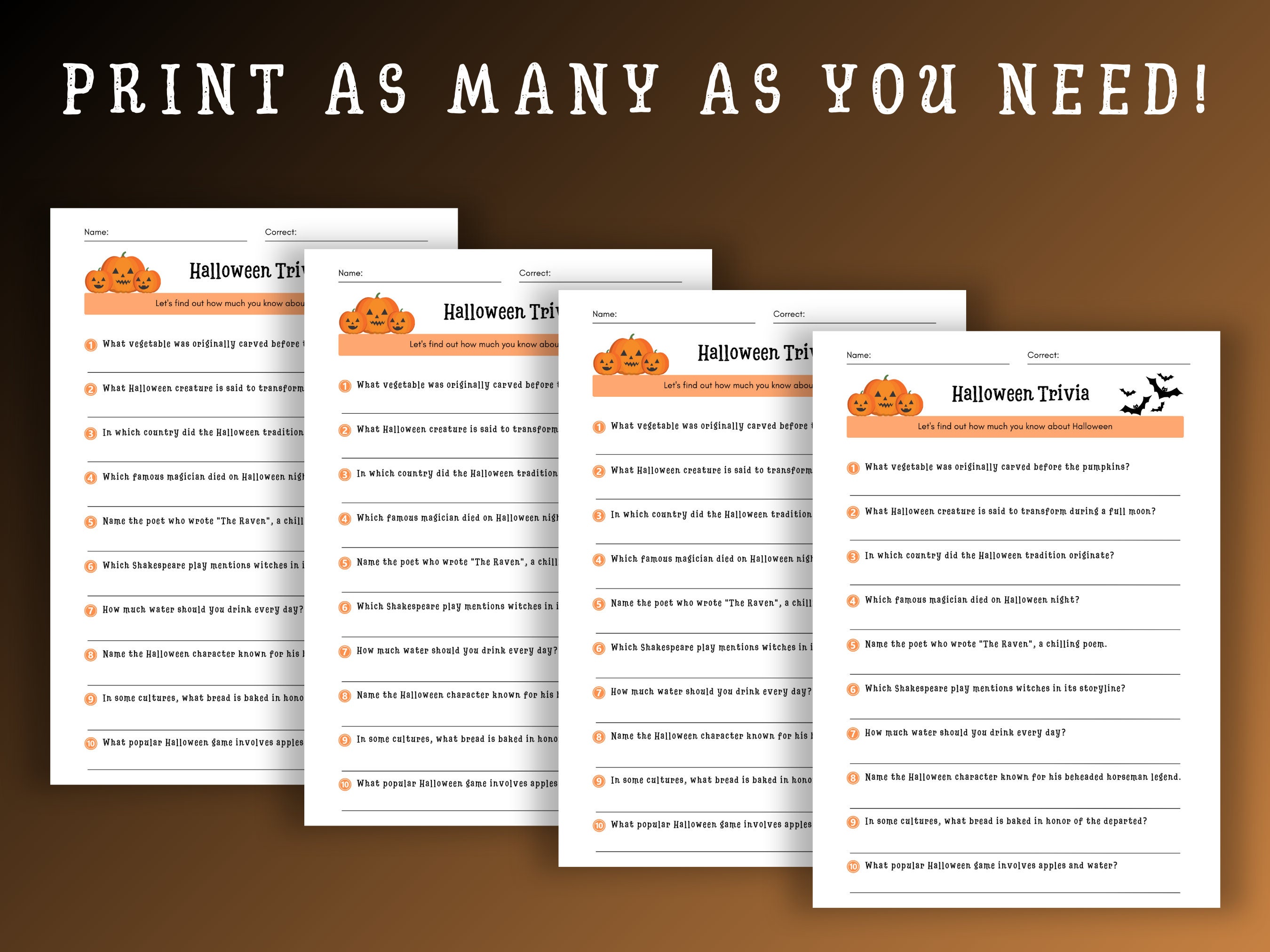 Halloween Trivia: Printable Halloween Quiz 10 Open-ended Questions ...