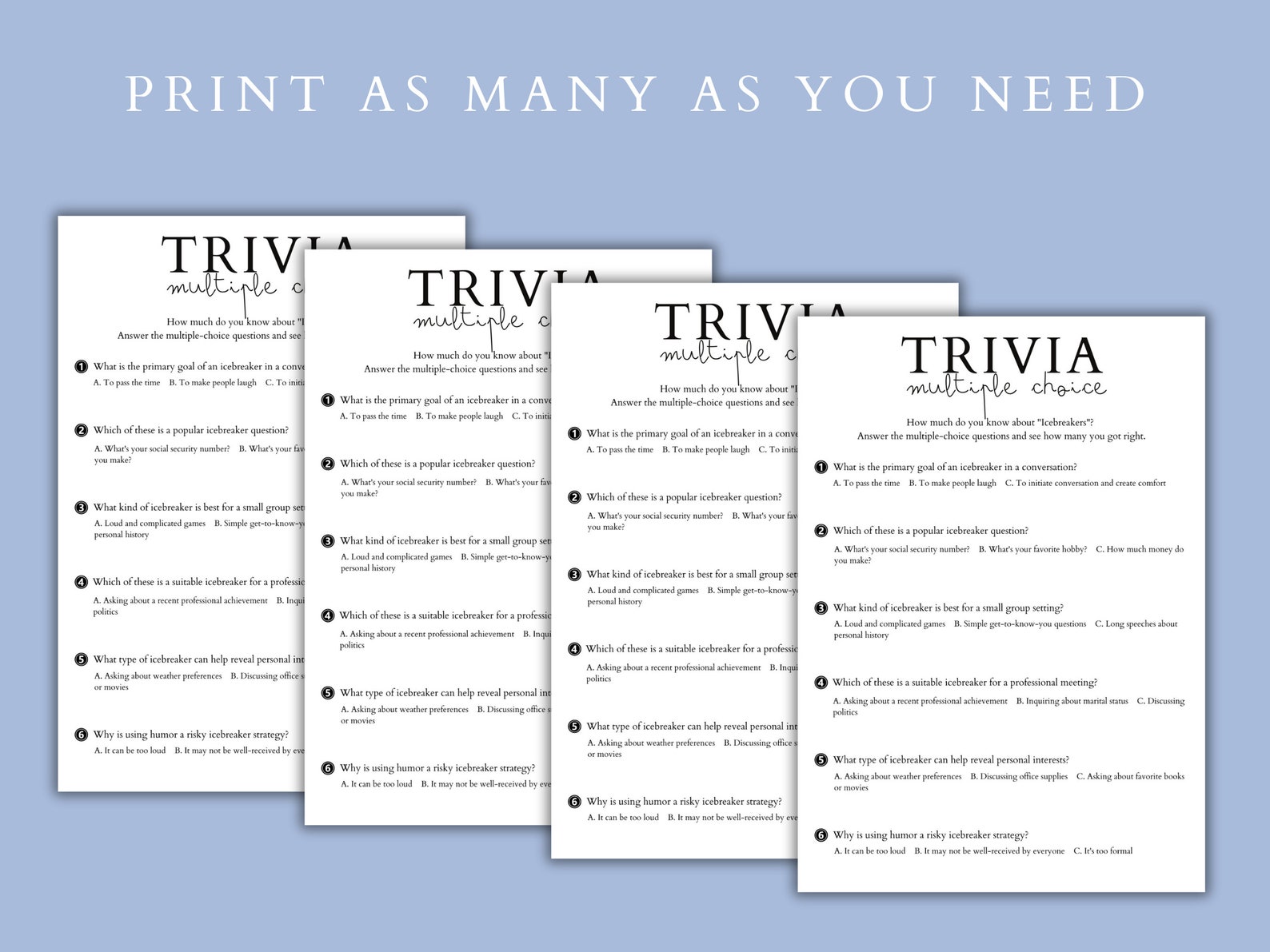 Multiple Choice Trivia | Icebreaker Game | Printable Icebreaker ...