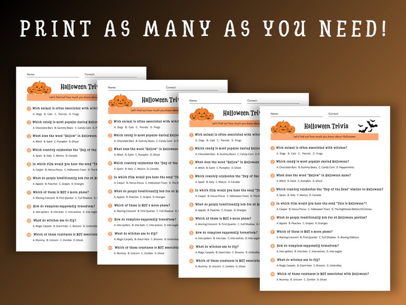 Printable Halloween Trivia: Halloween Quiz 10 Multiple Choice Questions ...