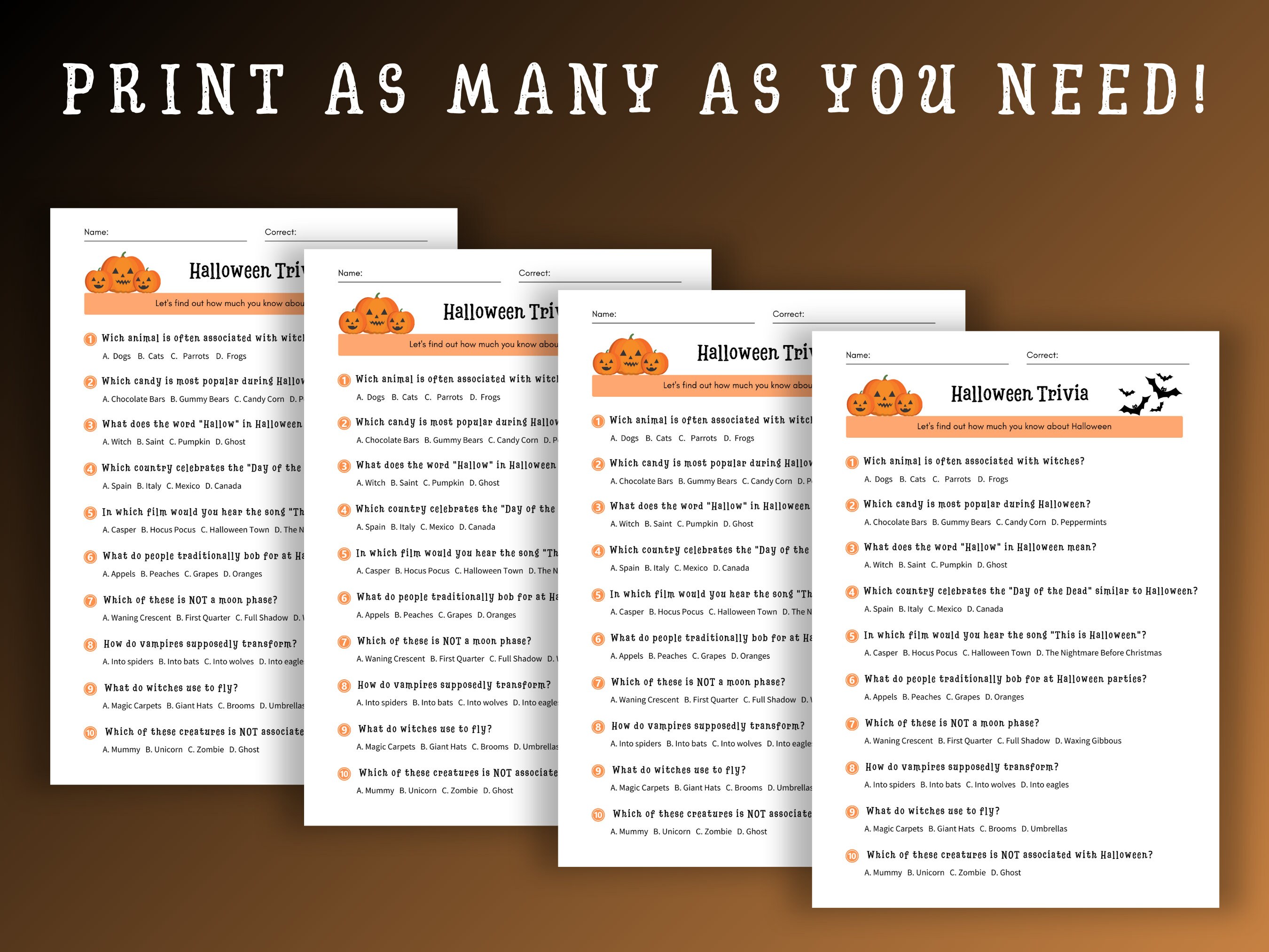 Printable Halloween Trivia: Halloween Quiz 10 Multiple Choice Questions ...