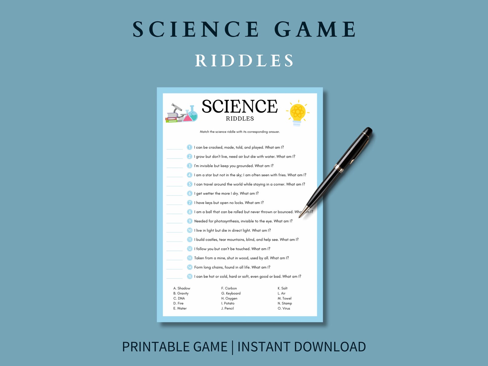 Printable Science Riddles Game | Digital Download | Student Science ...