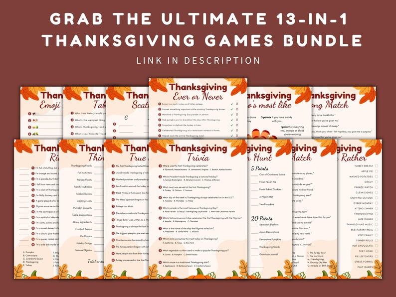 Thanksgiving Games Bundle Printable, 10 Party Games for Family, Kids ...