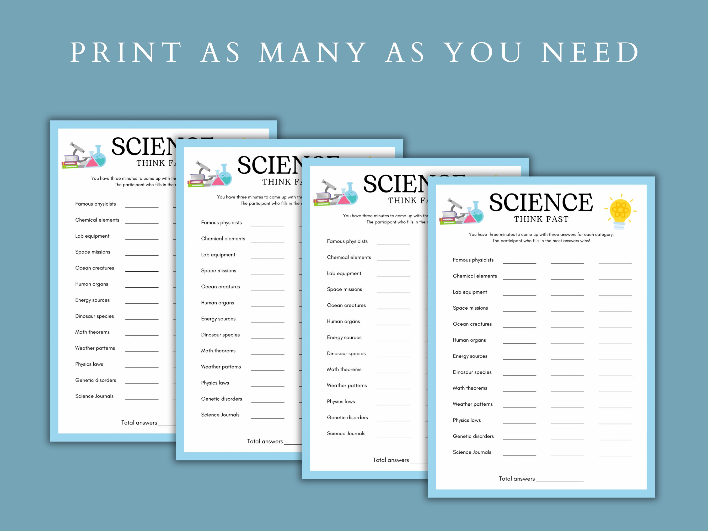 Printable Science Think Fast Game | Digital Download | Fun Science ...