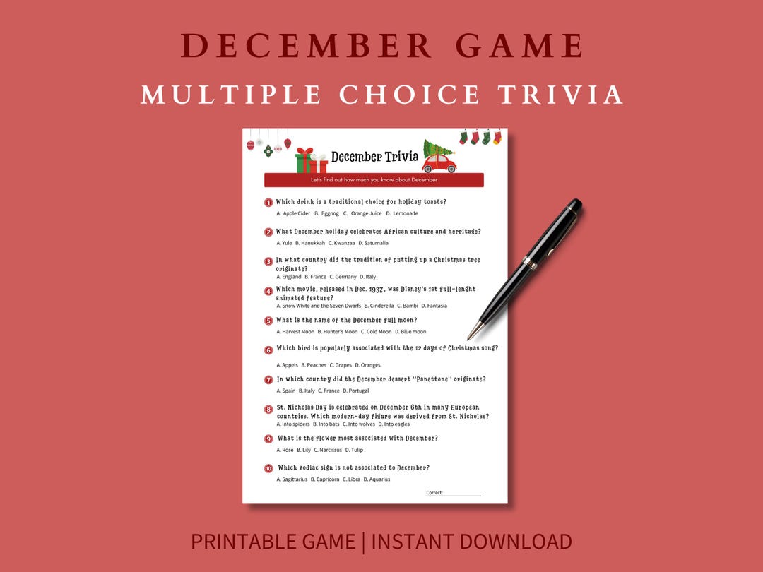 Printable December Trivia 2024 Instant Download Trivia Questions and ...