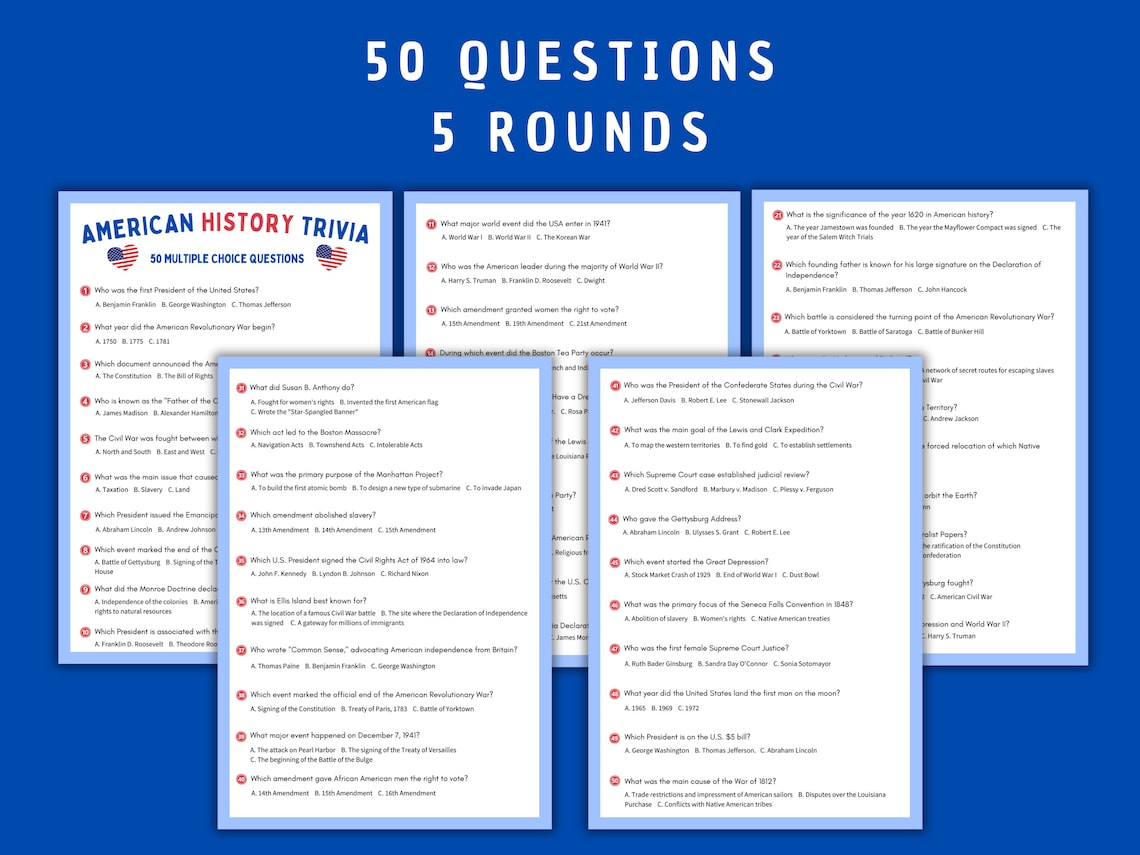 Printable American History Trivia Game | 50 Multiple Choice Questions ...
