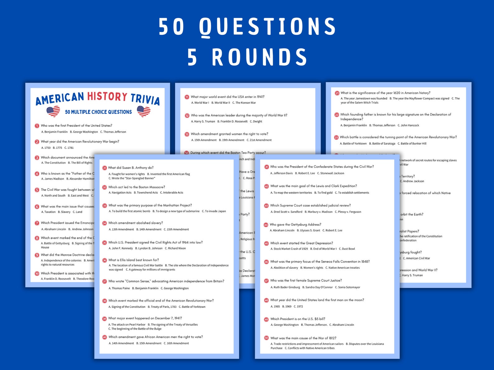 Printable American History Trivia Game | 50 Multiple Choice Questions ...