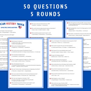 Printable American History Trivia Game | 50 Multiple Choice Questions ...