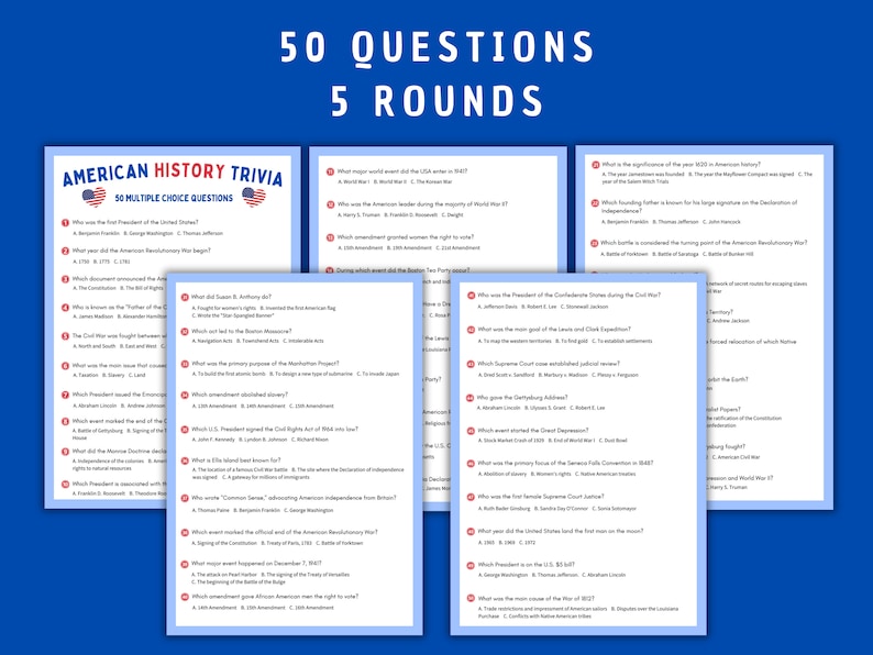 Printable American History Trivia Game | 50 Multiple Choice Questions ...