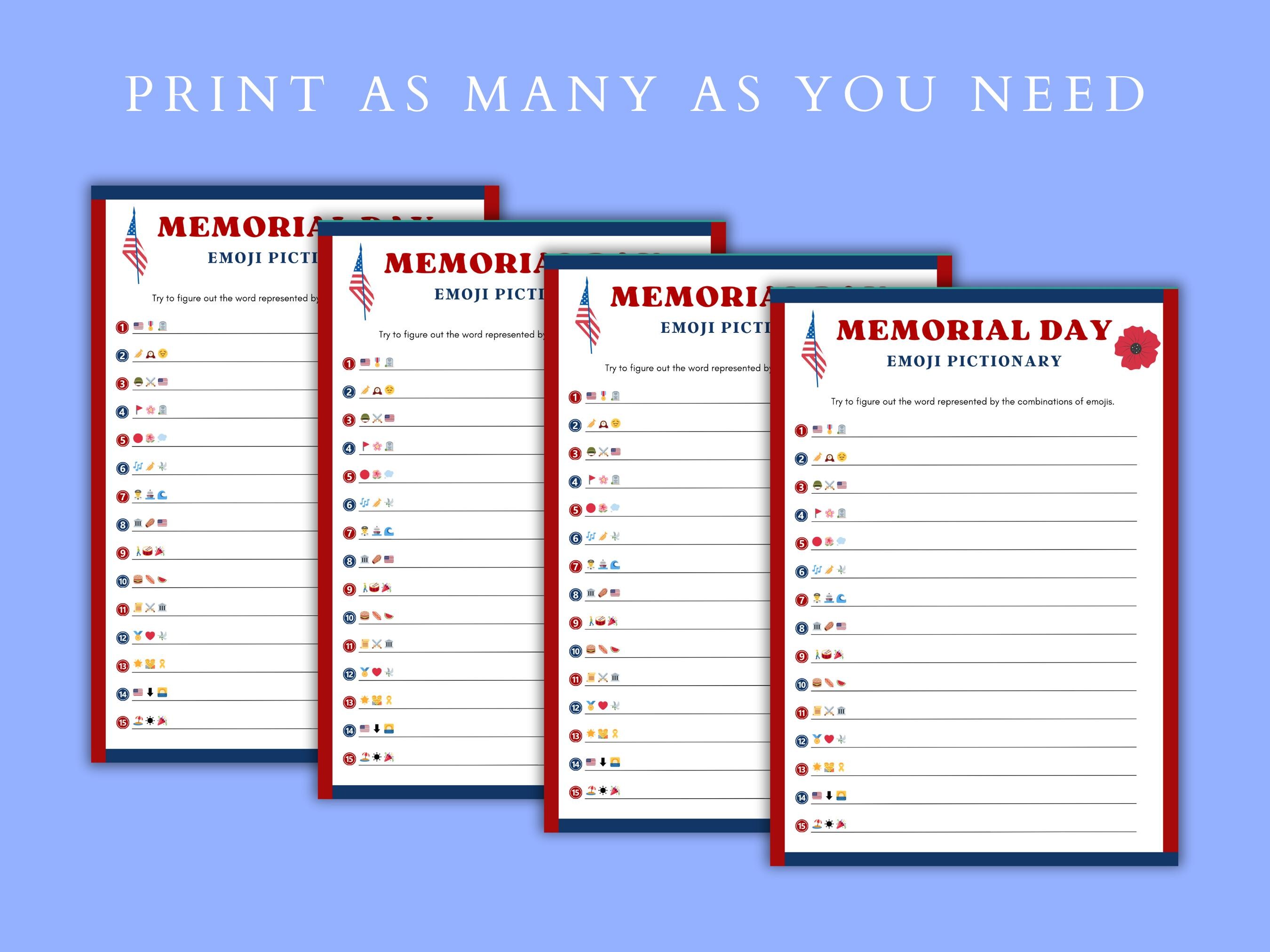 Memorial Day Emoji Pictionary Game: Patriotic Party Activity (PDF ...