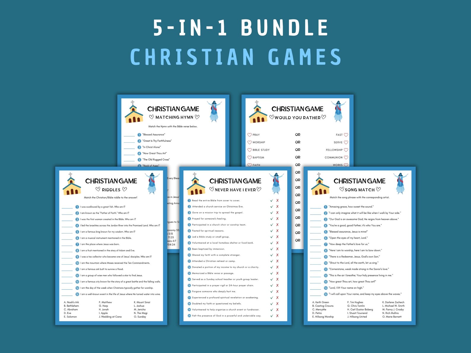 Printable Christian Games Bundle: Bible Trivia, Bingo, Charades ...