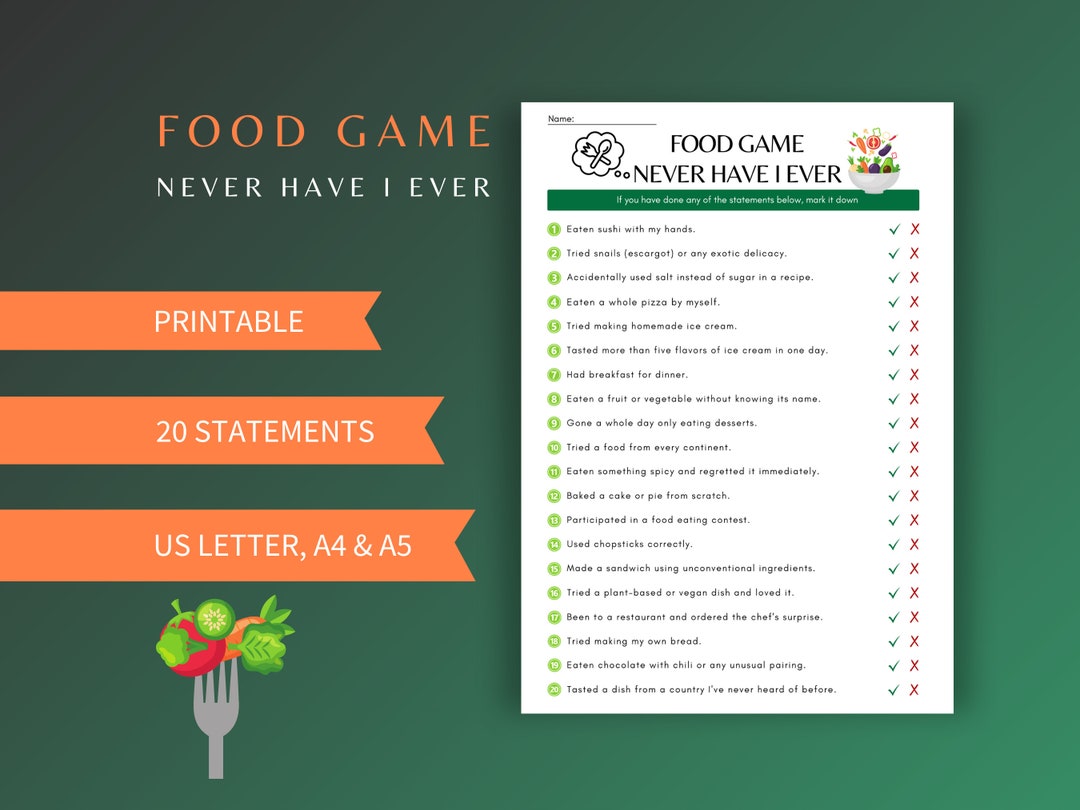 Food Never Have I Ever Game Printable Trivia Family Game Night Culinary ...