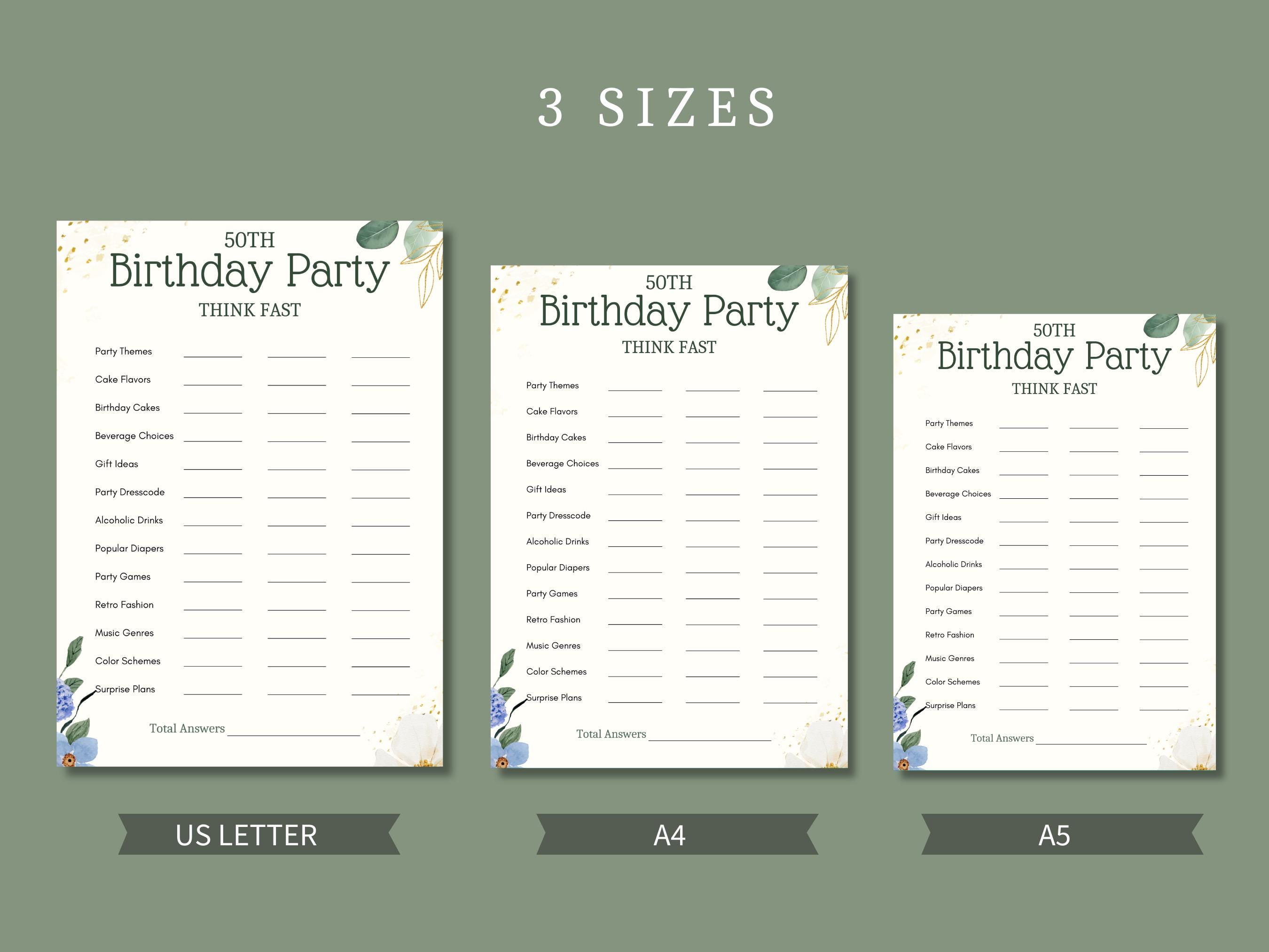 50th Birthday Think Fast Game: Printable Party Activity (digital ...